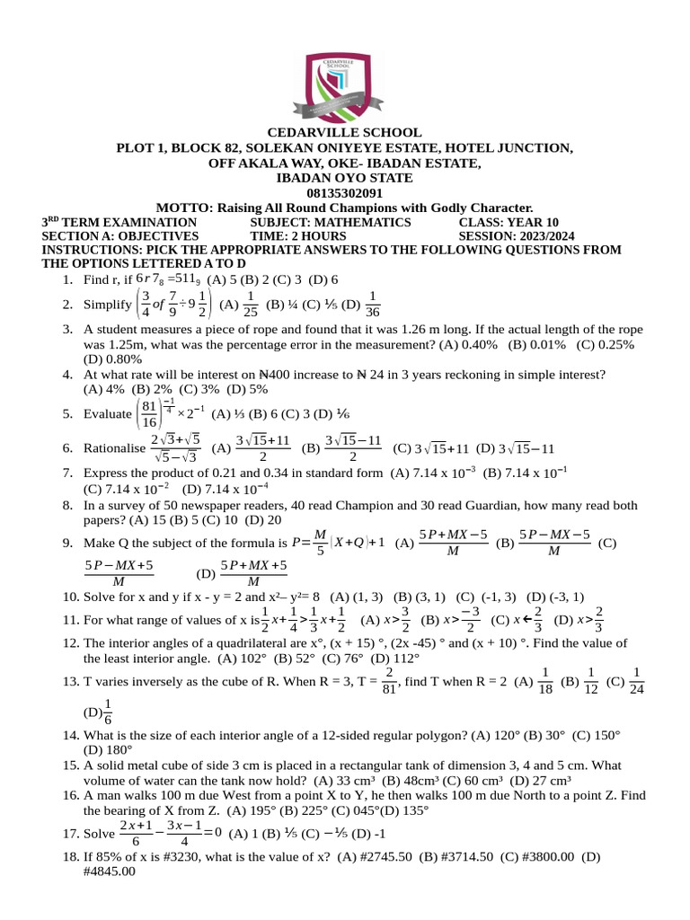 Grade 10 3rd Term Maths Exam Paper | PDF
