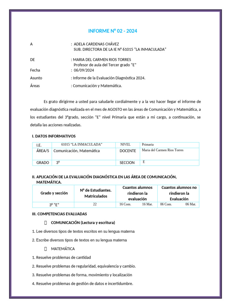 Informe Evaluación Diagnóstica - 61015 | PDF | Comunicación humana ...