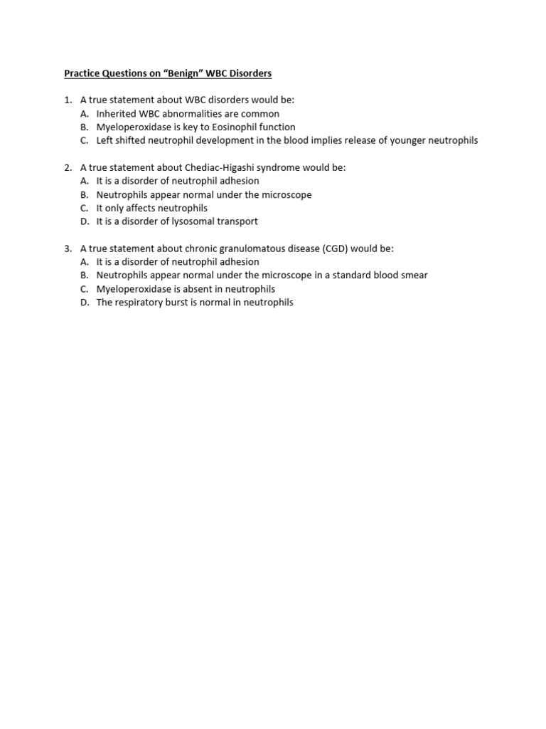 Practice Questions On Benign WBC Disorders - Dr. Emmons.V1 | PDF