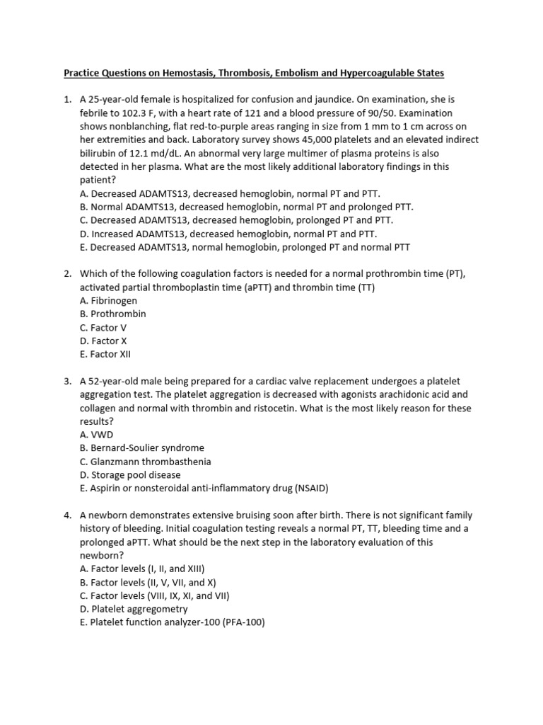 Practice Questions On Hemostasis Thrombosis Embolism and ...