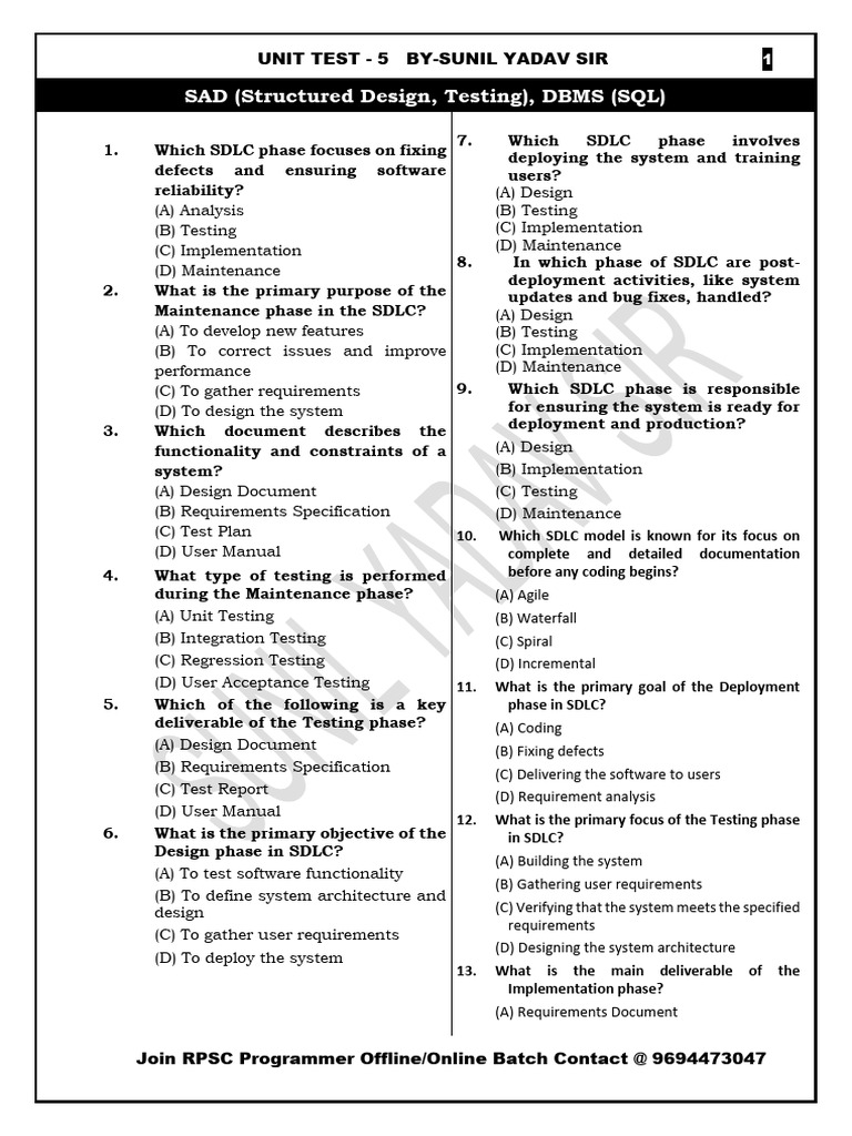 SAD (Structured Design, Testing), DBMS (SQL) : Unit Test - 5 By-Sunil ...