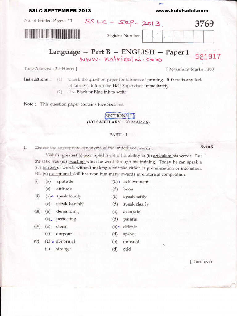 SSLC September 2013 Eng Paper 1 | PDF | Word | Linguistics