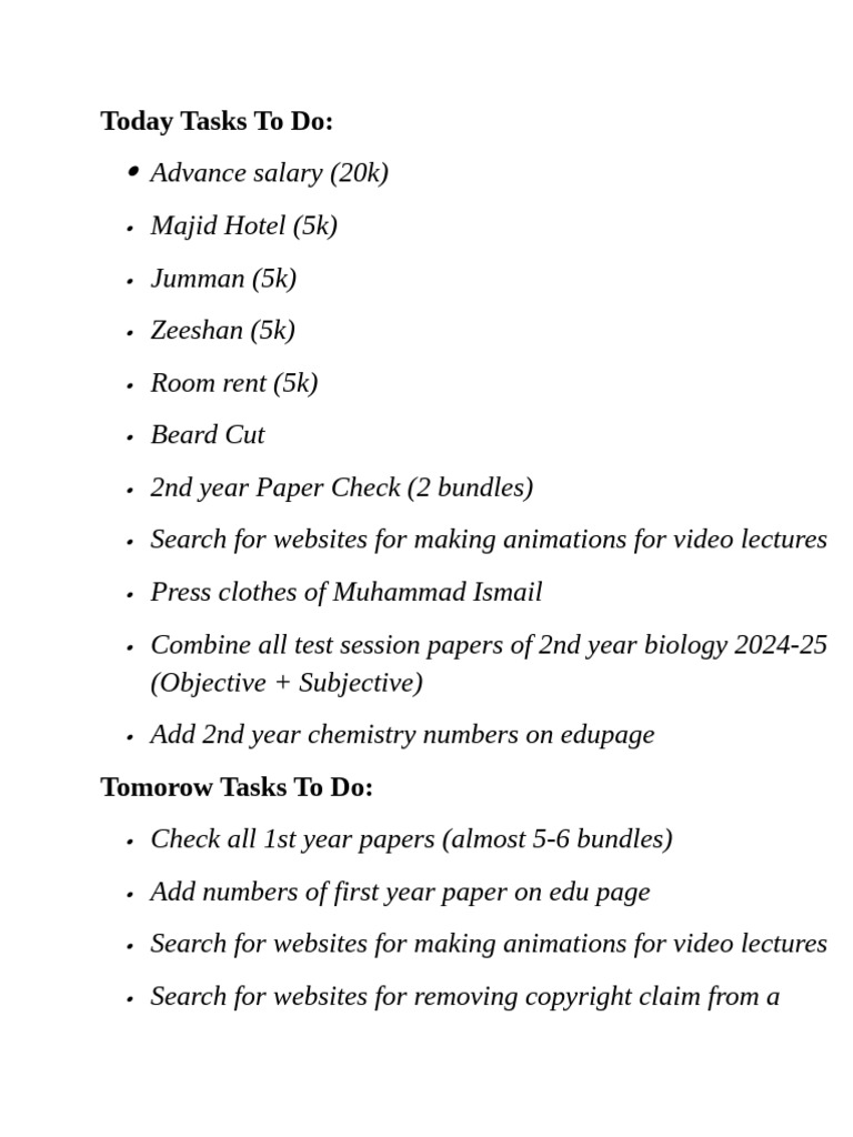 Daily Tasks | PDF