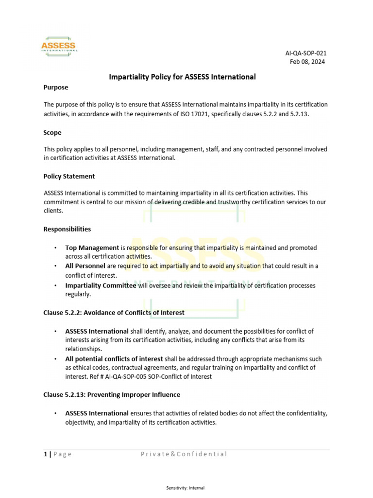 AI QA SOP 021 SOP Impartiality Policy | PDF | Conflict Of Interest | Policy