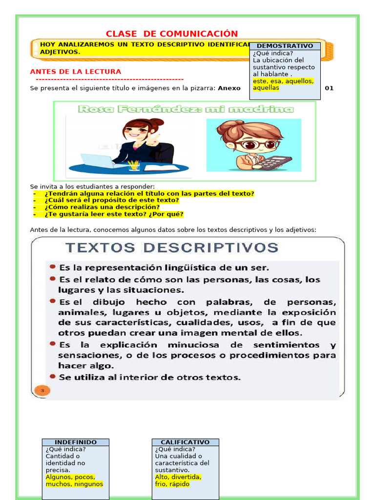CLASE DE COMUNICACIÓN -LEEMOS TEXTOS DESCRIPTIVOS IDENTIFICAMOS ...
