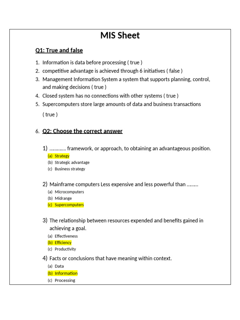 MIS Sheet | PDF