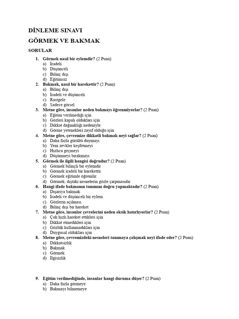 Görmek Ve Bakmak Di̇nleme Sinavi | PDF