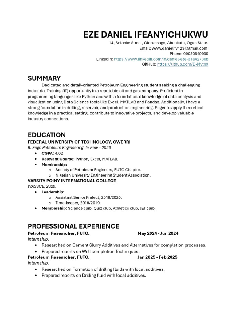 Eze Daniel Ifeanyichukwu - Resumé | PDF