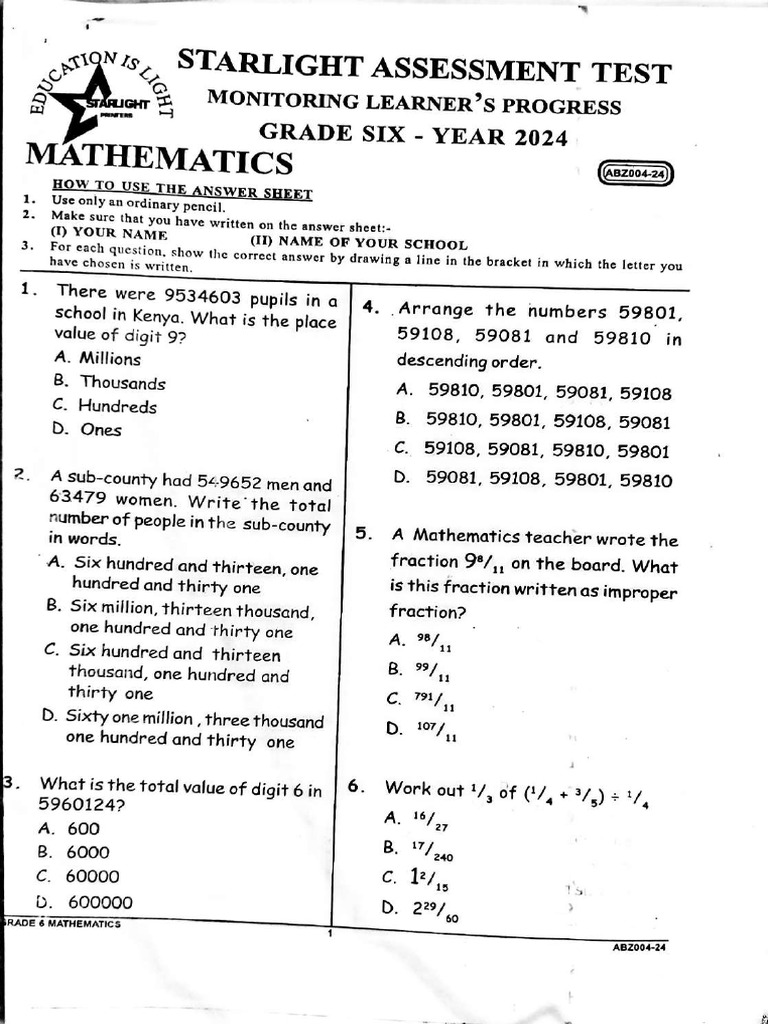 Grade 6 004 Starlight Assessment Test All Subjects With Marking Scheme ...