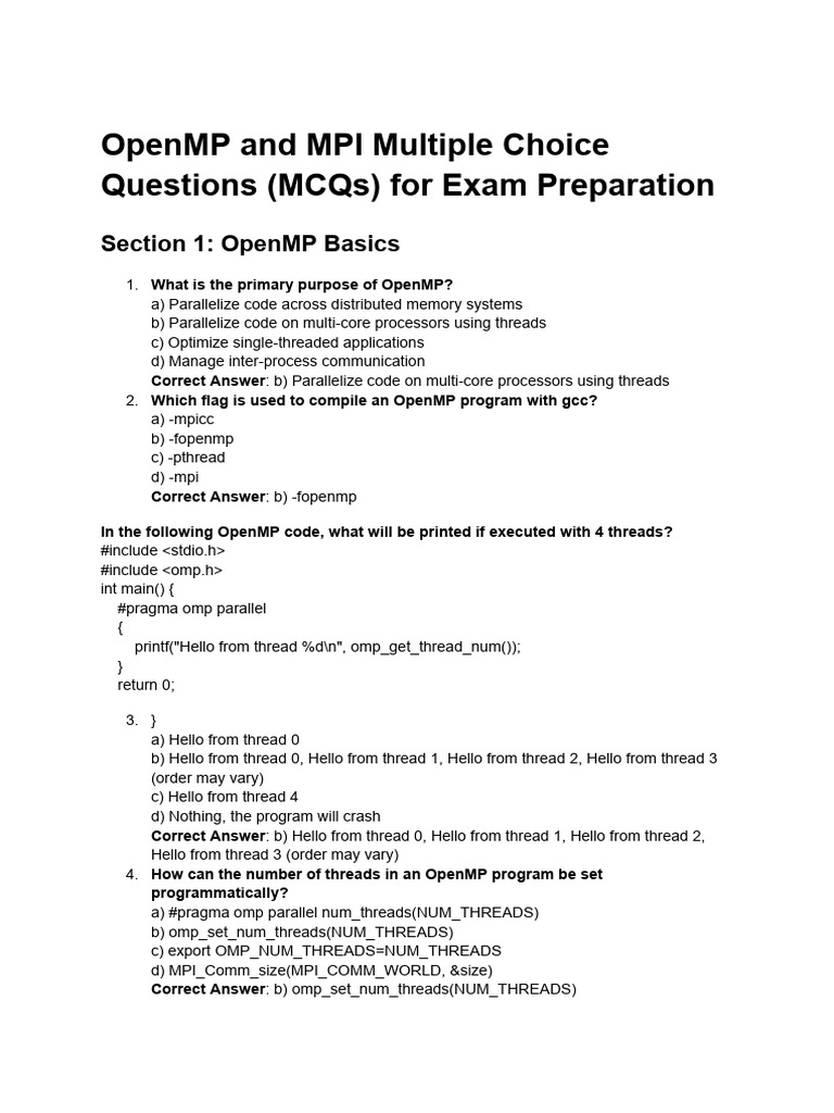 OpenMP and MPI Multiple Choice Questions (MCQS) For Exam Preparation | PDF | Computer ...
