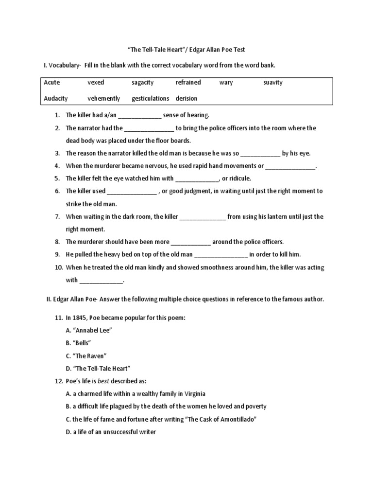 The Tell Tale Heart Worksheet The Tell Tale Heart" Booklet Project By