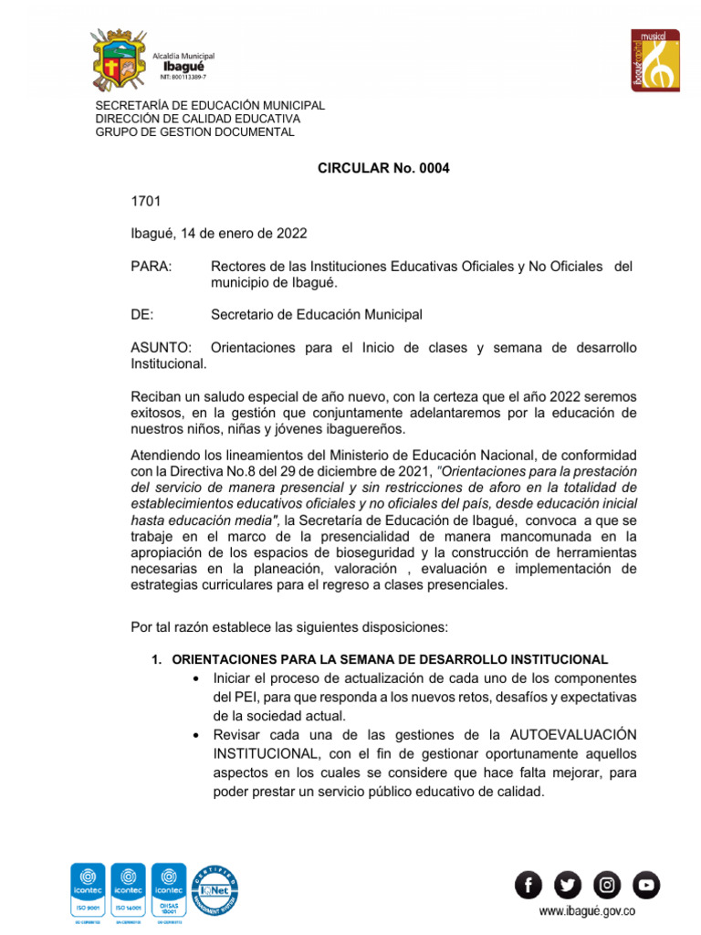 Circular 004 Orientaciones para El Inicio de Clases y Semana de ...