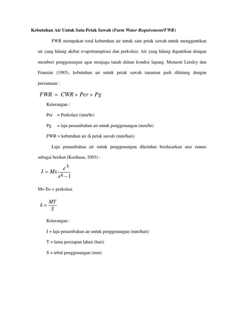 Rumus Kebutuhan Air Untuk Satu Petak Sawah Dan Perkolasi | PDF