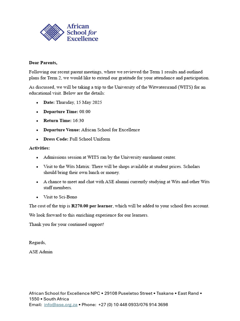 Parents Notification Trip To WITS | PDF