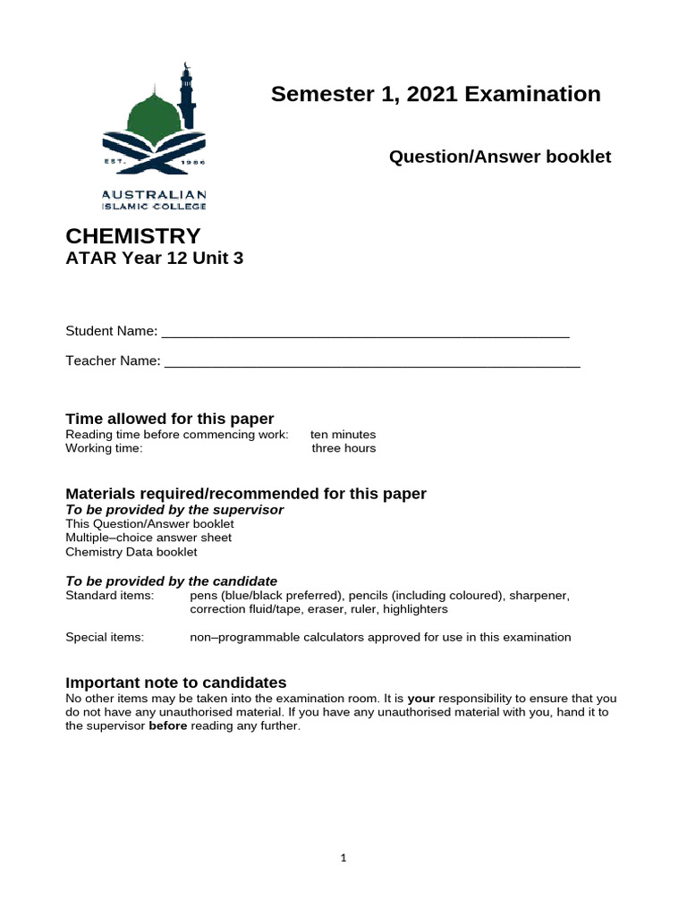 Year 12 Chem 2021 Semester 1 Exam | PDF | Multiple Choice