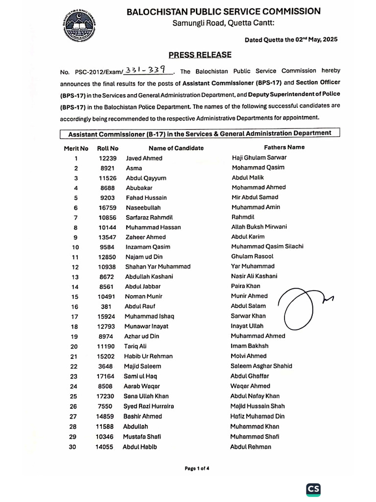 BPSC PCS Results | PDF