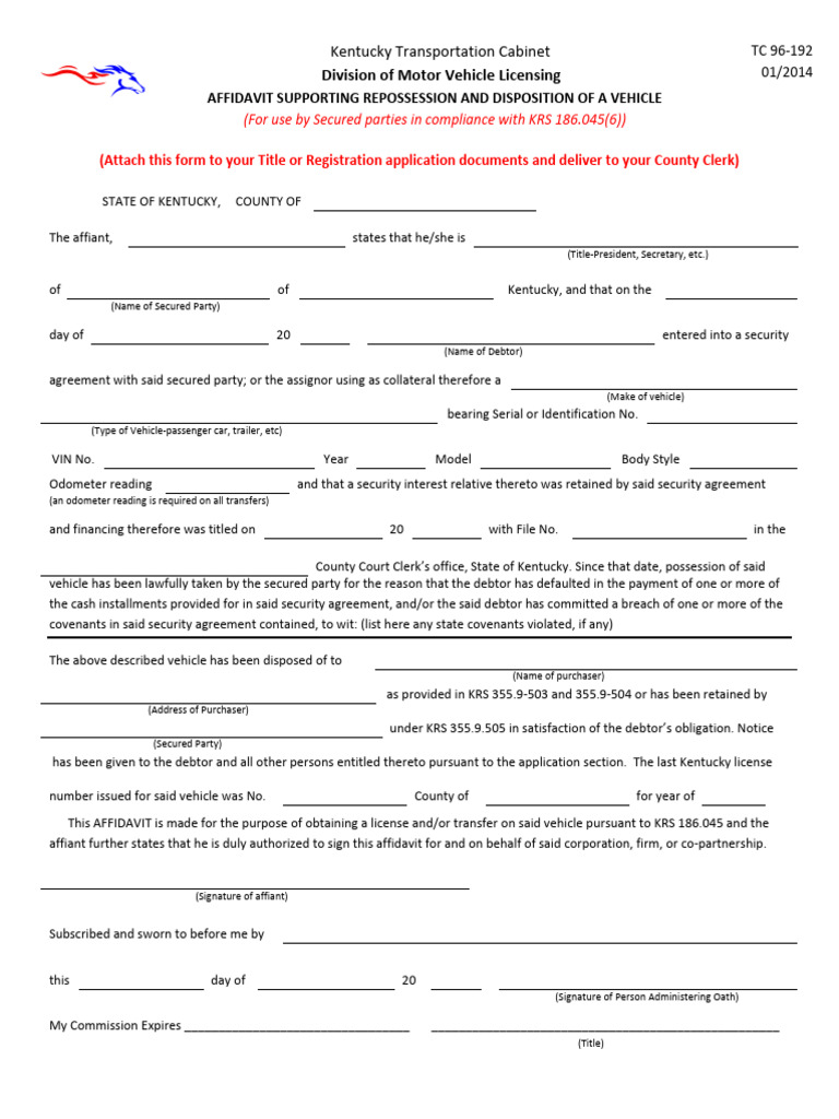 TC96 192 Affidavit Supporting Repossession | PDF | Affidavit | Repossession