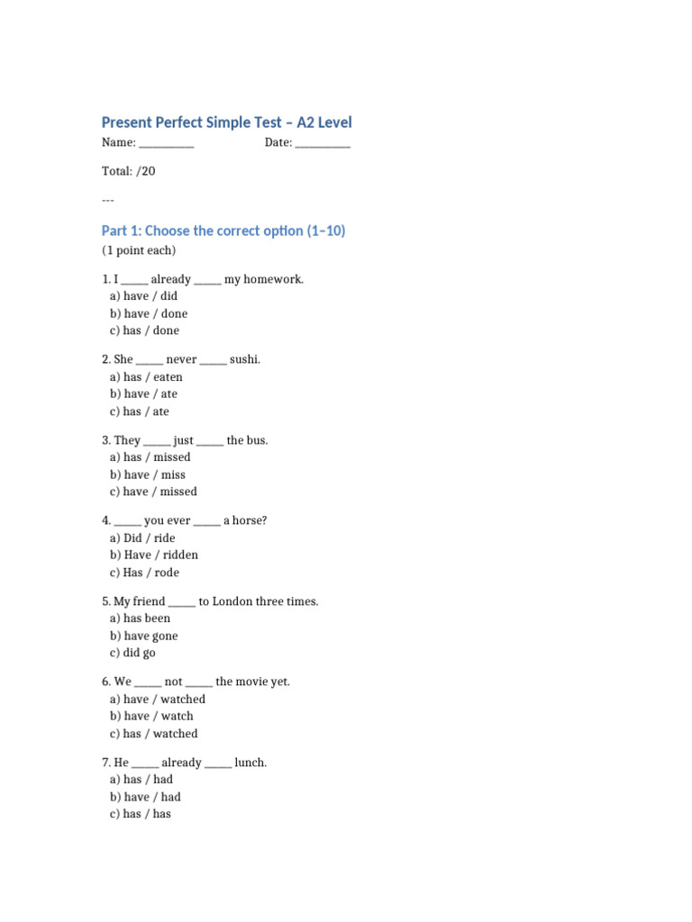 Present Perfect Simple Test A2 | PDF