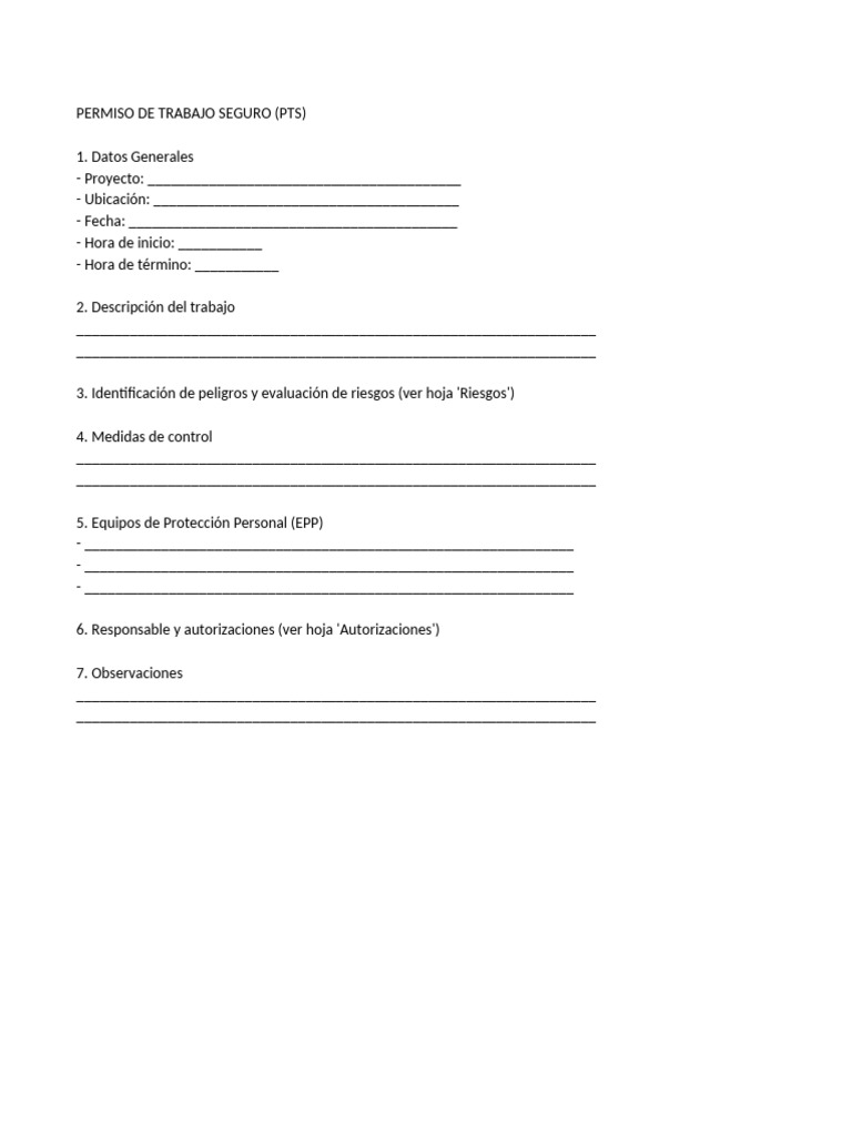 Permiso de Trabajo Seguro PTS Formato | PDF