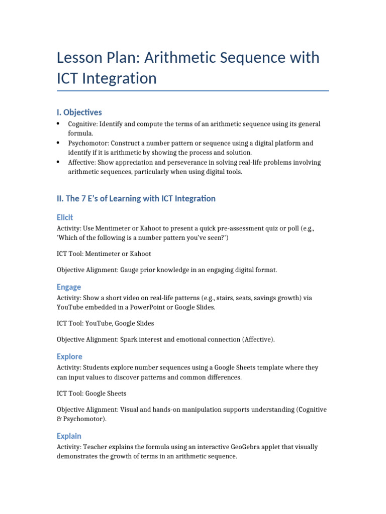 Arithmetic Sequence 7es Lesson Plan With ICT | PDF | Educational Technology | Arithmetic