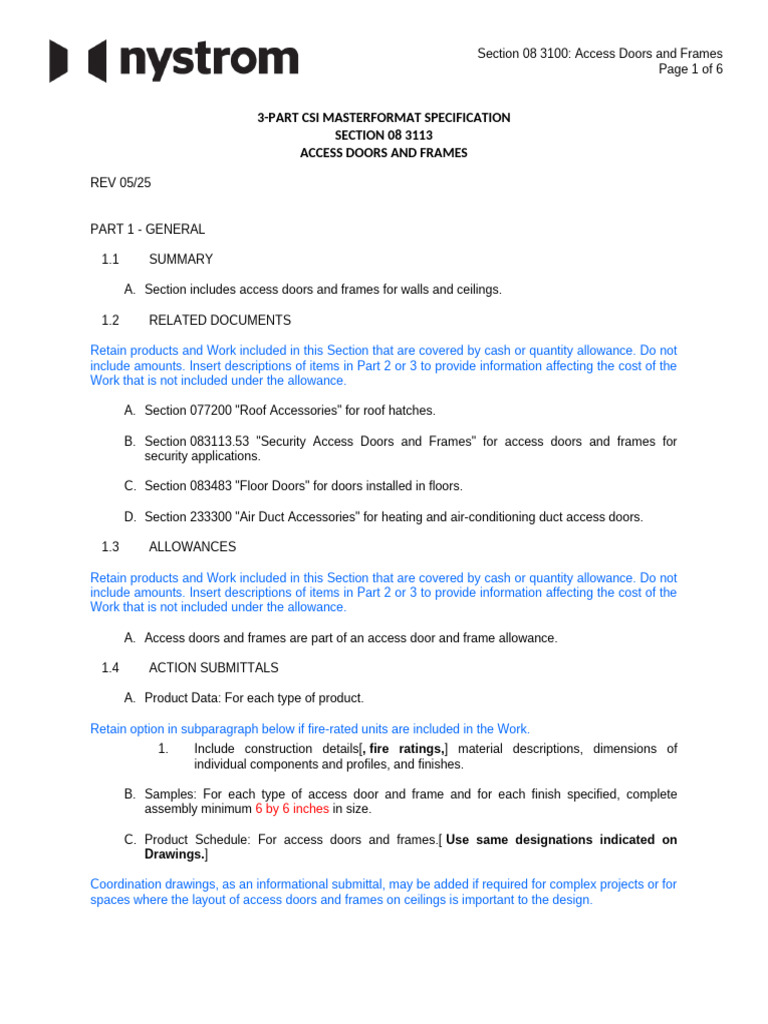 Nystrom NT Architectural Access Door 3 Part Specification | PDF | Door ...