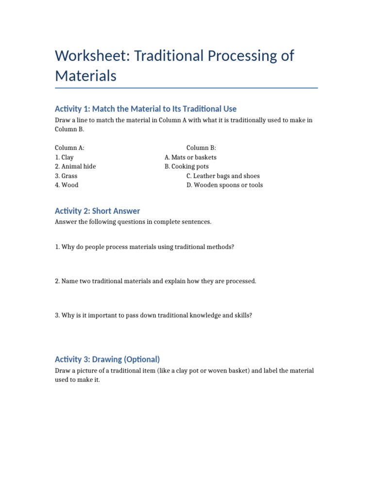 Traditional Processing Materials Worksheet | PDF