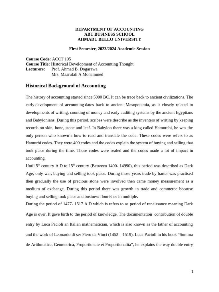 Acct 105 First Historical Background of Accounting | PDF | Accounting ...