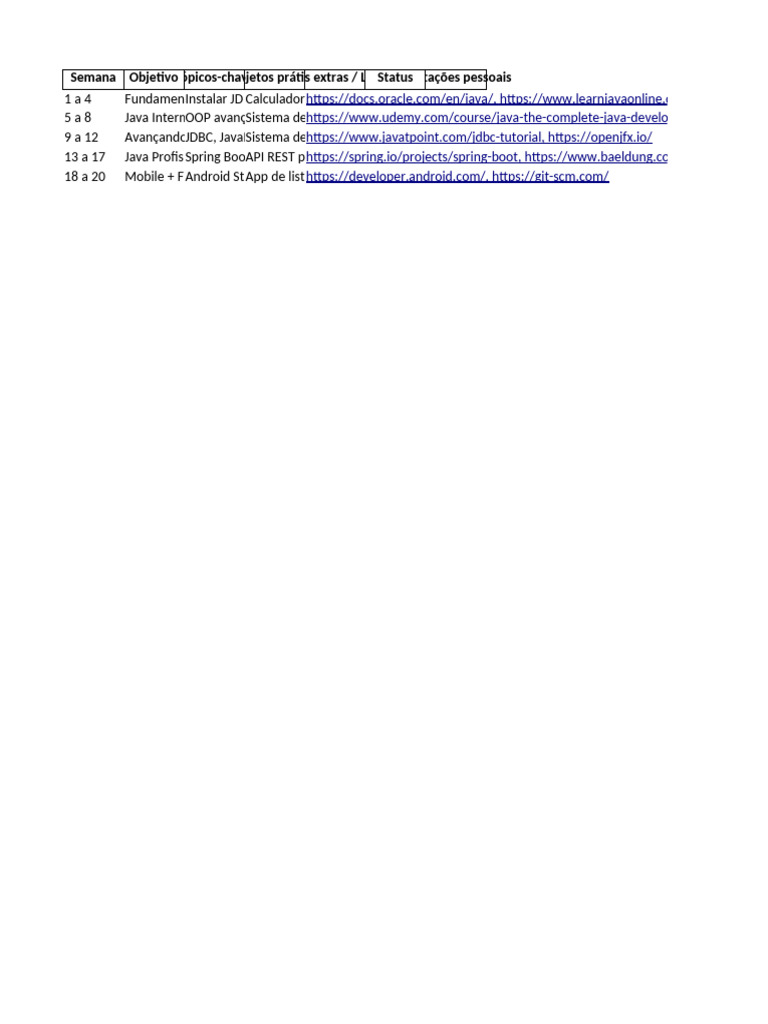 Roteiro Estudos Java Planilha | PDF