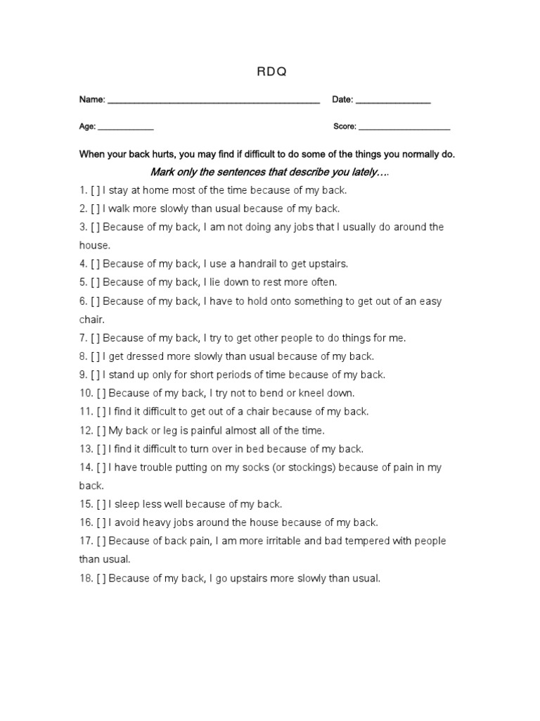 Roland Morris Disability Questionnaire | PDF | Back Pain | Clinical ...