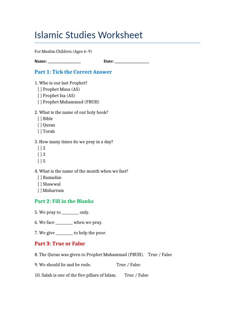 Colorful Islamic Studies Worksheet Age6 9 With Matching | PDF
