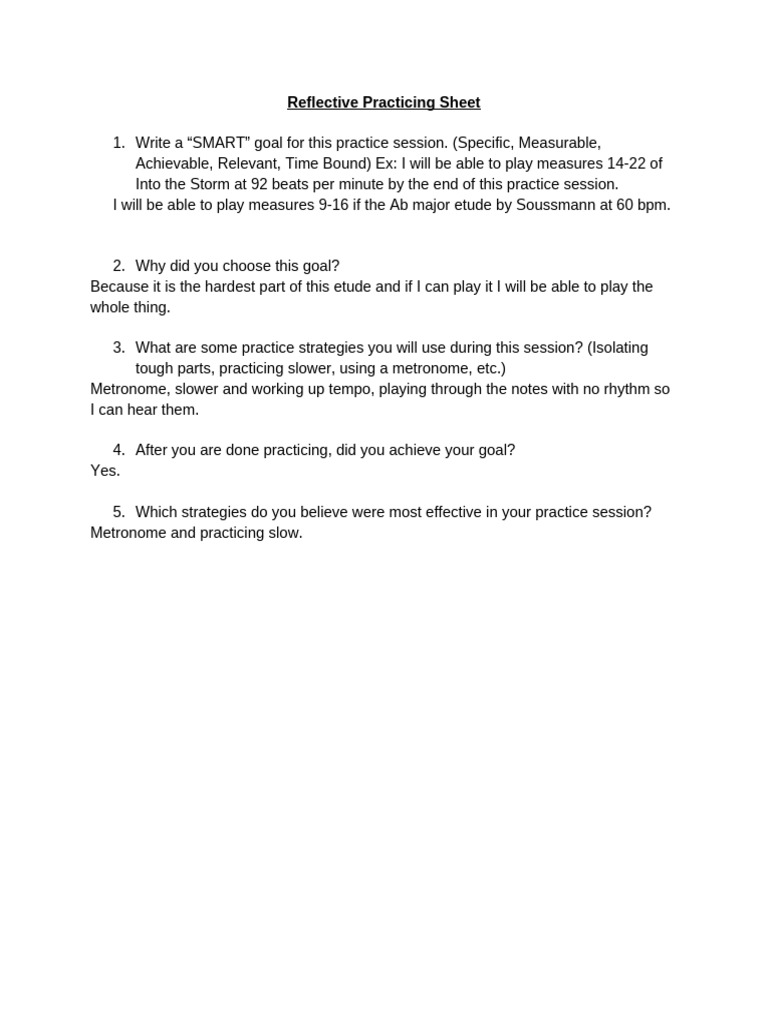 SMART Goal Practice Reflection Sheet | PDF