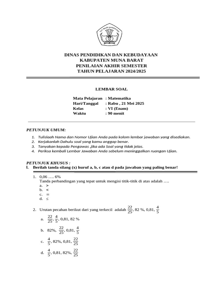 Soal Us SD - MTK 2025 Fix | PDF