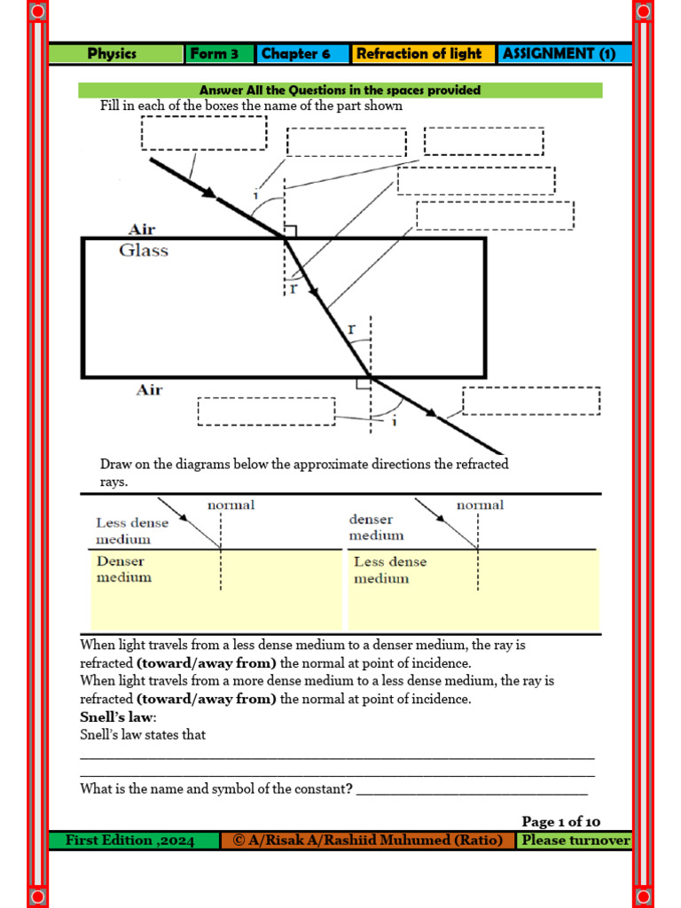 Refraction of Light Assignment Part1 2024 | PDF | Refraction ...