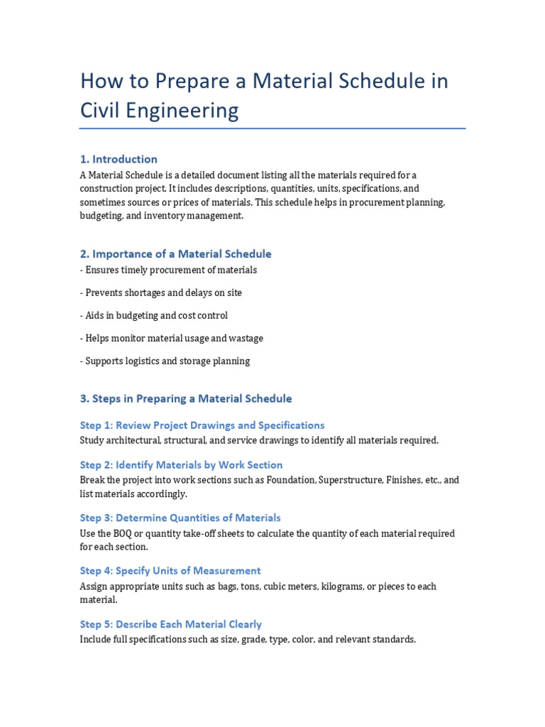 Preparing a Material Schedule in Construction | PDF | Specification ...