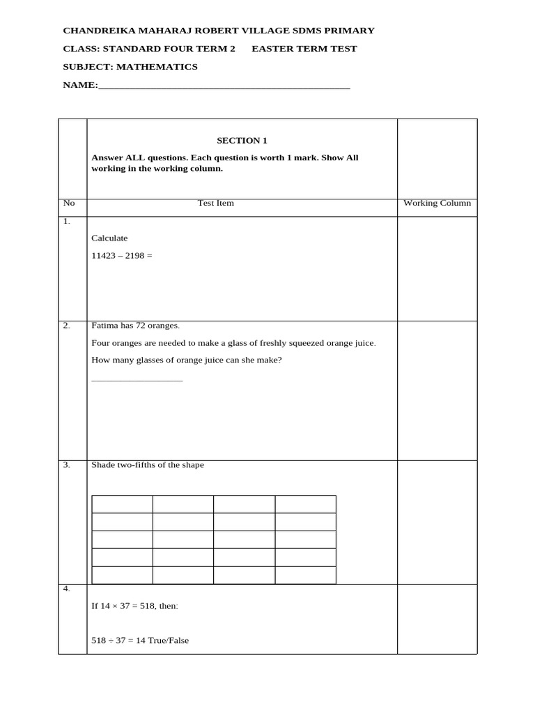 Easter Term Test - Mathematics | PDF | Mathematics