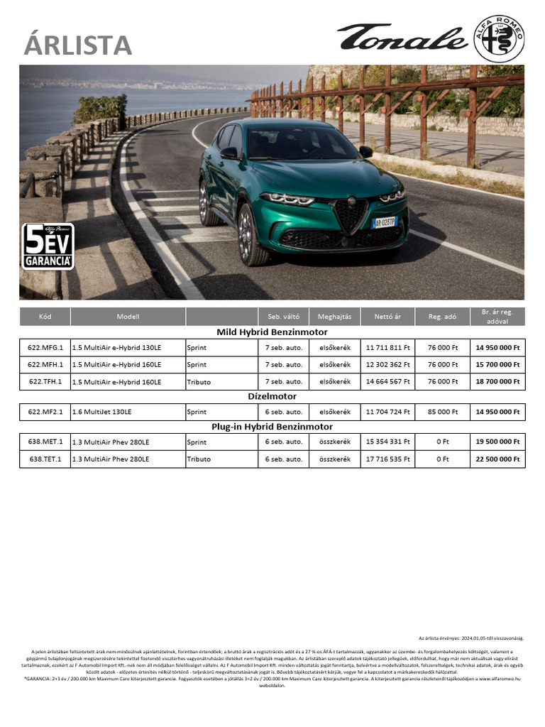 Tonale Es Tonale Plug in Hybrid MY24 Arlista 20240105 | PDF