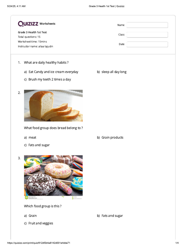 Grade 3 Health 1st Test - Quizizz | PDF | Foods | Healthy Diet