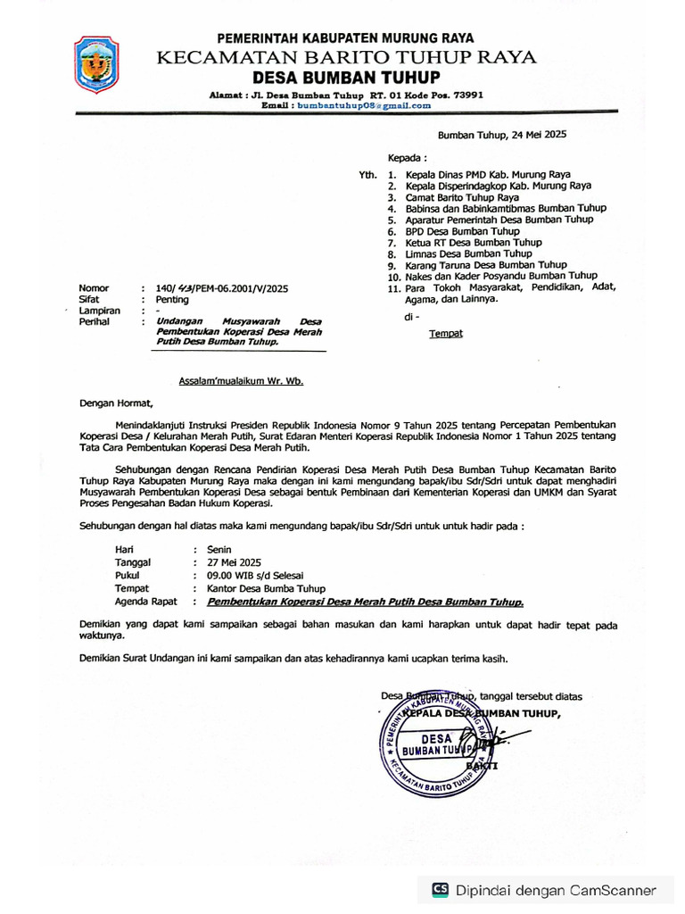 Undangan Musdes Pembentukan Kopdes merah putih Desa Bumban Tuhup | PDF