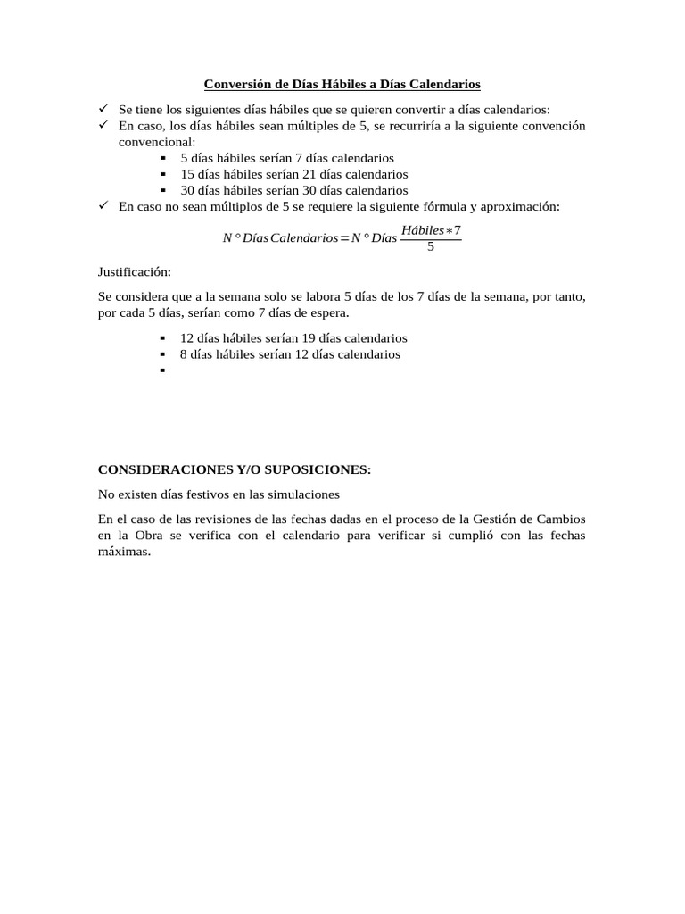 Conversión Días Hábiles a Calendarios | PDF
