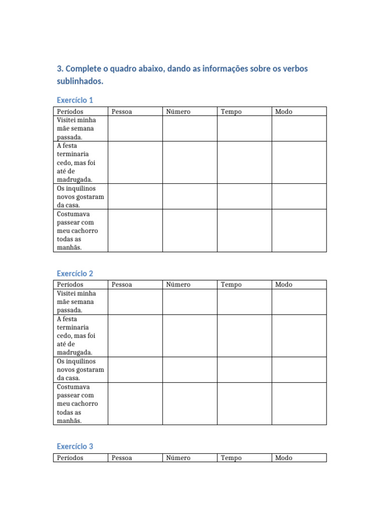 Quadro Exercicios Verbos 30 | PDF