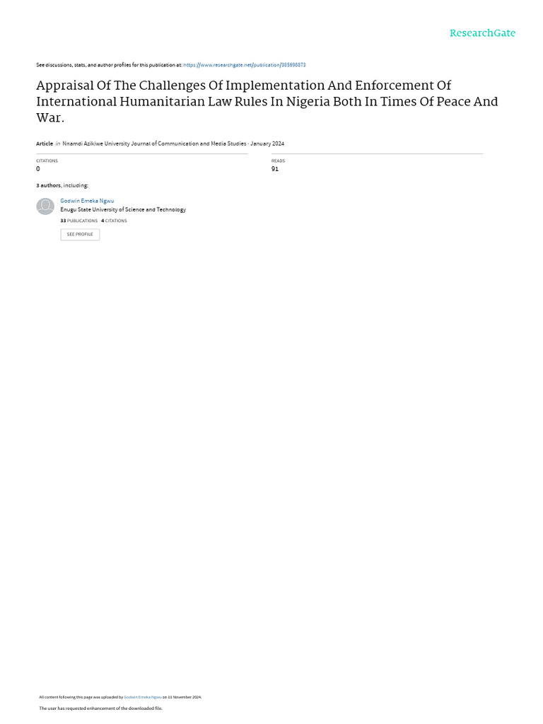 Appraisal of The Challenges of Implementation and Enforcement of Ihl in ...