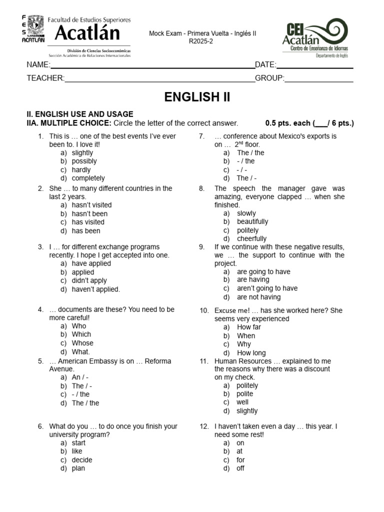 Mock Exam - 1A VTA - Inglés II - C1. | PDF