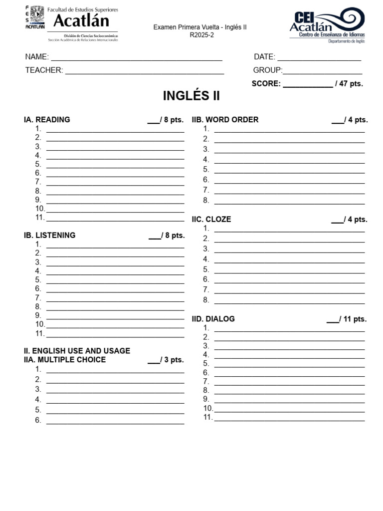 Student Answer Sheet - Primera Vuelta - Inglés II - C1 | PDF