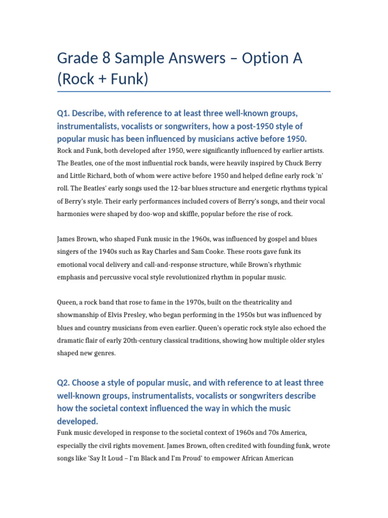 Grade_8_Sample_Answers_Rock_Funk | PDF | Funk | Music