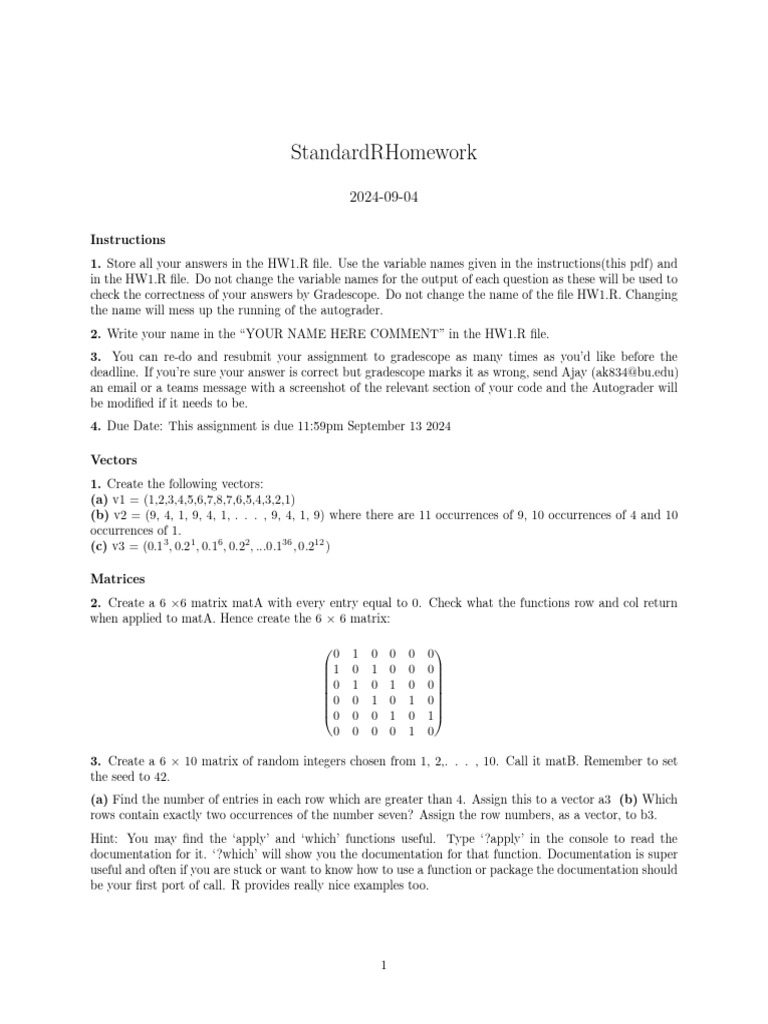 HW1-Instructions and Questions | PDF | Matrix (Mathematics) | Mathematics