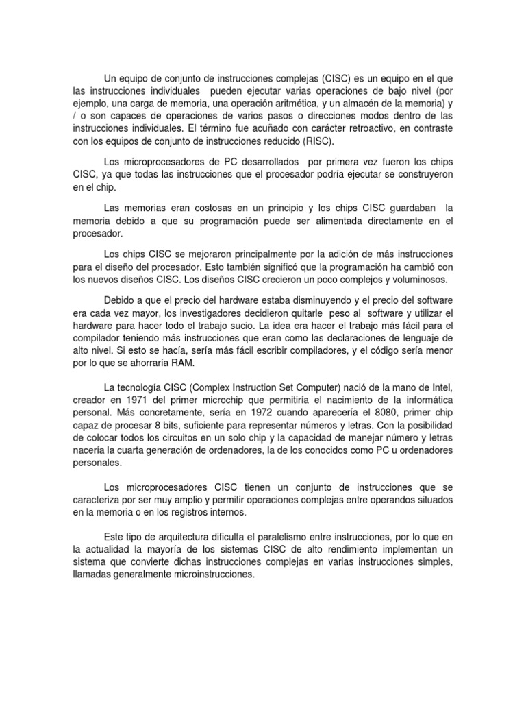Arquitectura CISC y RISC | PDF | Conjunto de instrucciones | Unidad Central de procesamiento