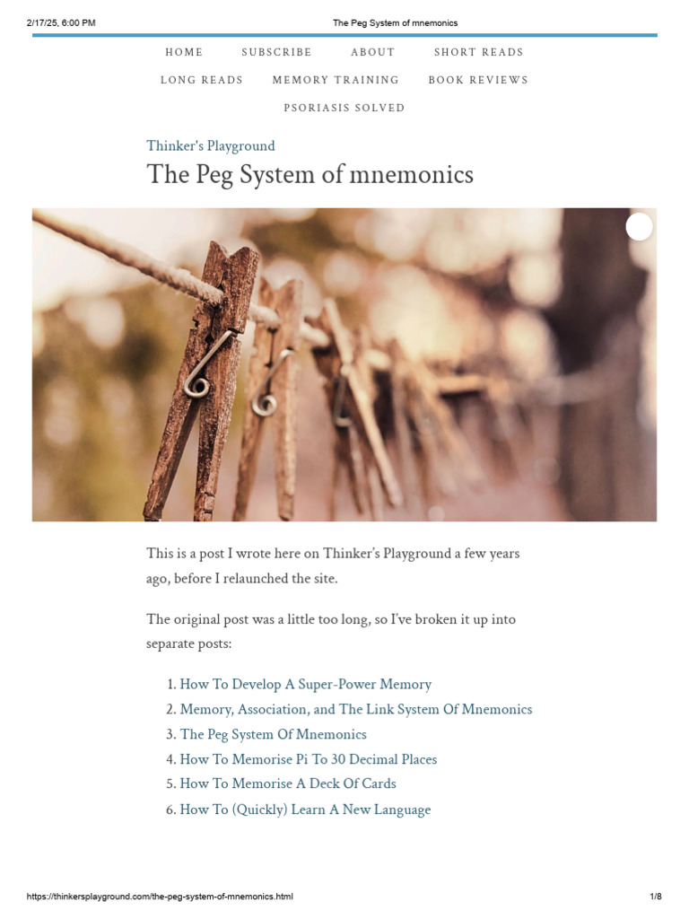 The Peg System of mnemonics | PDF | Mnemonic | Memory