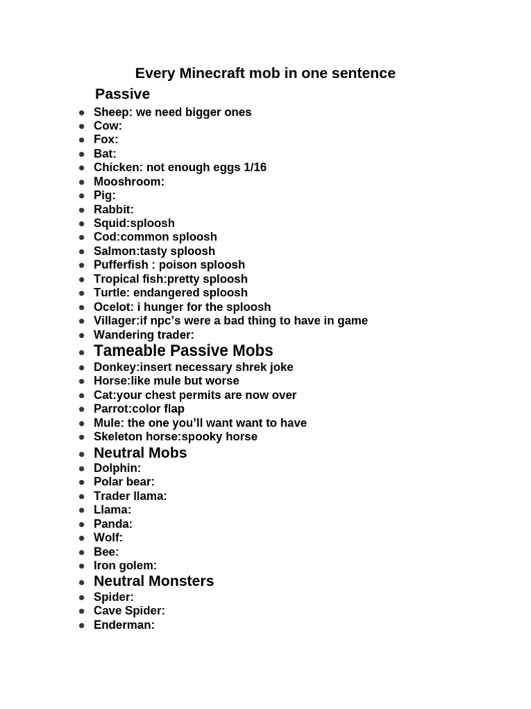 Complete Minecraft Mobs Overview | PDF