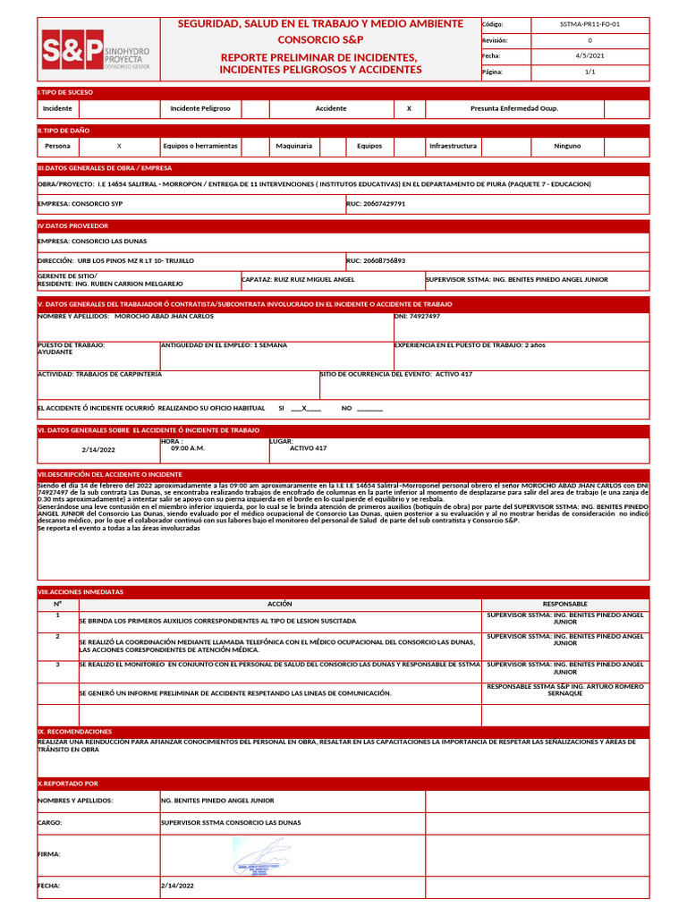 SSTMA-PR11-FO-01 Reporte Preliminar #2 MOROCHO ABAD JHAN CARLOS 14-02-2022 | PDF