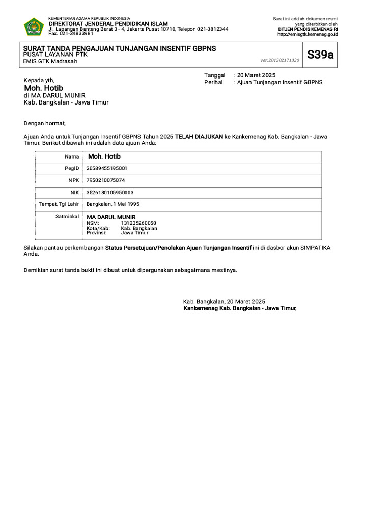 Ajuan Insentif 2025 Khotib | PDF